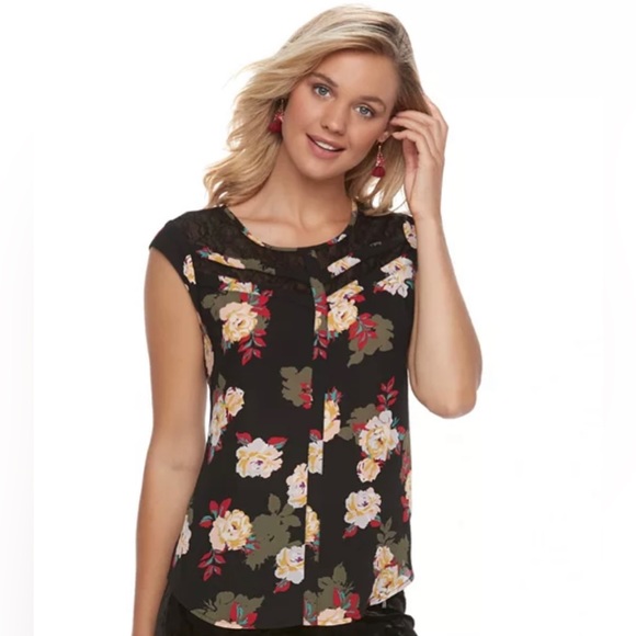 Candie's | Tops | Candies Shirt Black Floral With Lace Print Polyester ...